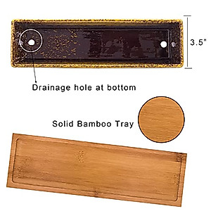 Succulent Pots - Large Succulent Planter Pots with Drainage, 12 Inch Long Rectangle Bonsai Pot with Bamboo Tray Shallow Ceramic Cactus Flower Planter Window Box for Home Garden Decor (Yellow)