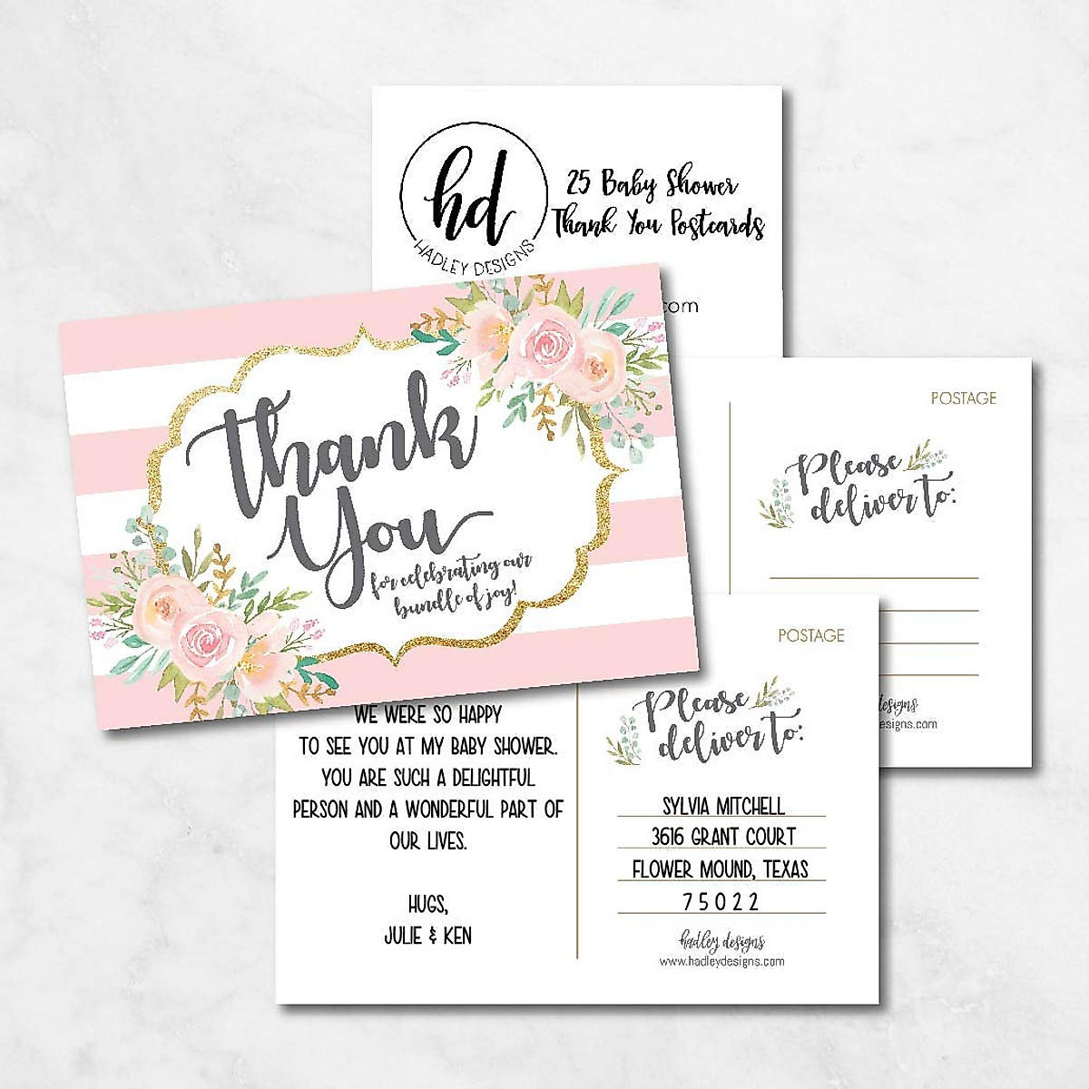 25 Girl Baby Shower Thank You Note Card Bulk Set, Floral Pink and Gold Blank Cute Sprinkle Postcards, No Envelope Needed Stationery Appreciation For Party Gifts, Personalize Printable Cardstock Paper