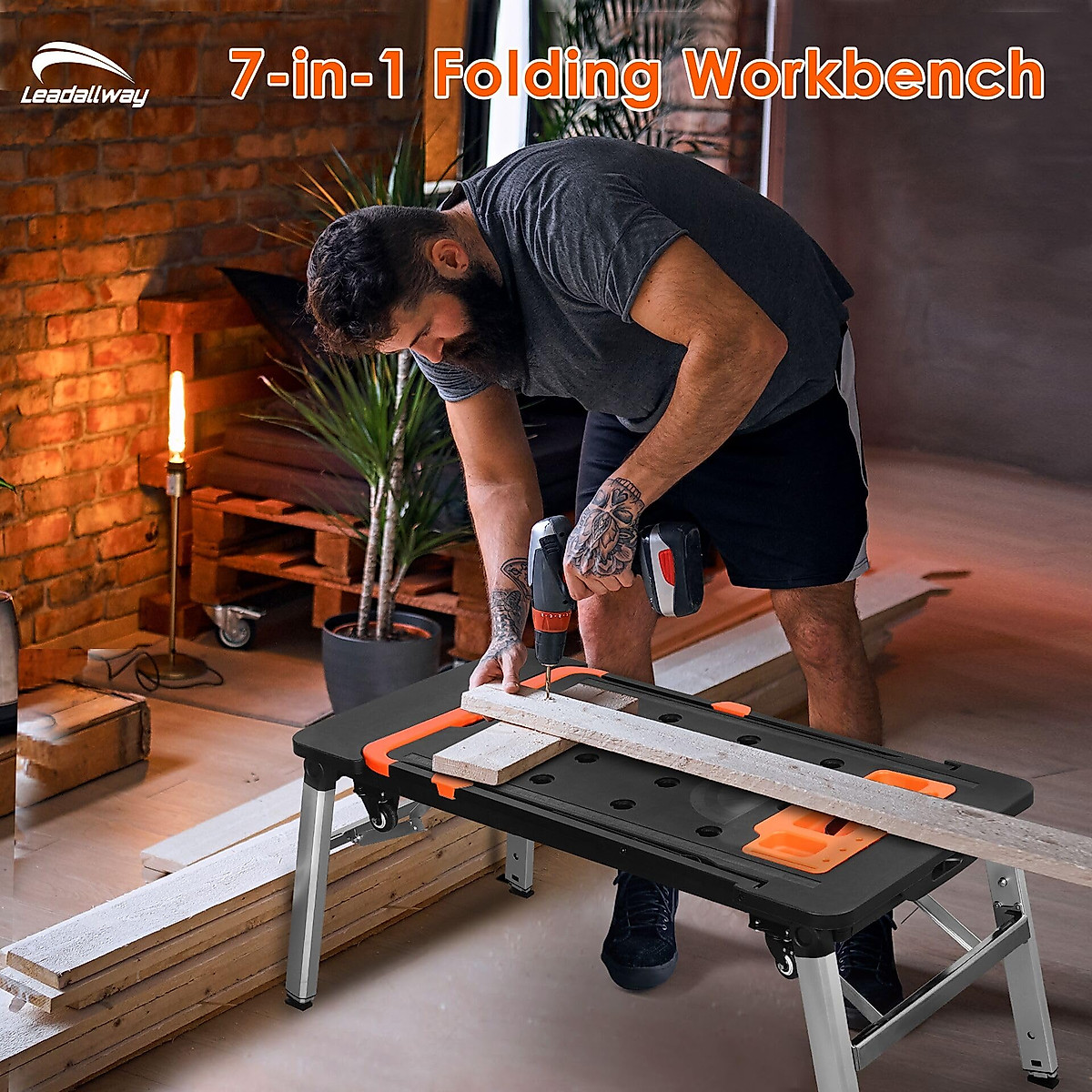 LEADALLWAY 7-in-1 Folding Portable Workbench Painted Work Table as Workbench, Scaffold,Platform,Sawhorse,Car Creeper and Hand Truck with 4 Wheels, Black