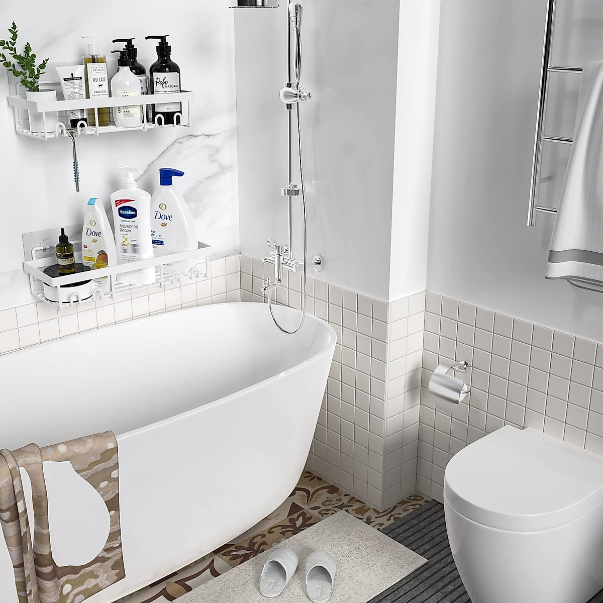 Moforoco Shower Caddy Shelf Organizer Rack, Self Adhesive Black Bathroom Shelves Basket, Home Farmhouse Wall Inside Organization and Storage Decor Rv Accessories, First Camper Apartment Essentials