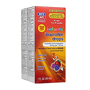Rite Aid Infants' Dye-Free Ibuprofen Drops, Berry Flavor, 50 mg - 2 Value Pack | Infant Pain Reliever | for Babies Ages 6 to 23 Months | Ibuprofen Oral Suspension 50 mg per 1.25 mL | Gluten Free