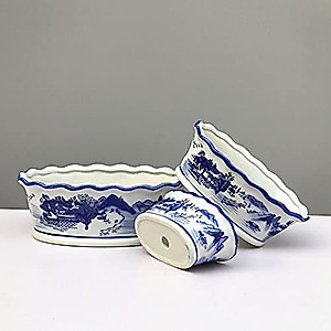 MADBLR7 Ceramic Plant Pots Oval Small Bonsai Flower Pot Ruffled Blue and White Porcelain Indoor Window Sill Micro Landscape Succulent Large Flower Pot