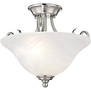 2 Light Brushed Nickel Ceiling Light Fixture with White Alabaster Glass Shade