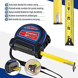 WORKPRO Auto-Lock Tape Measure 25 FT, Tape Measure with Fractions Every 1/8" and 1/32" Accuracy, Quick Read, Nylon Coated with Magnetic Hook, Shock-Resistant Case and Belt Clip