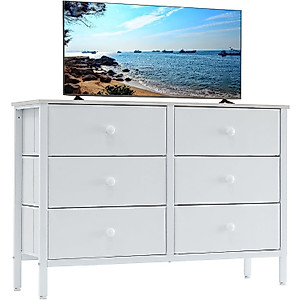 LYNCOHOME White Dresser for Bedroom, 6 Drawer Wooden Dresse, Small Dresser for Bedroom and 50" Tv, Entertainment Center with Metal Frame, Wooden Top,Dressers for Kids, Fabric Dressers for Nursery