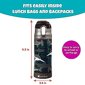 Bentology Stainless Steel 13 oz Shark Insulated Water Bottle for Boys - Easy to Use for Kids - Reusable Spill Proof BPA-Free, Fits in Most Lunch Boxes & Bags, Use for Summer Camp, Back to School