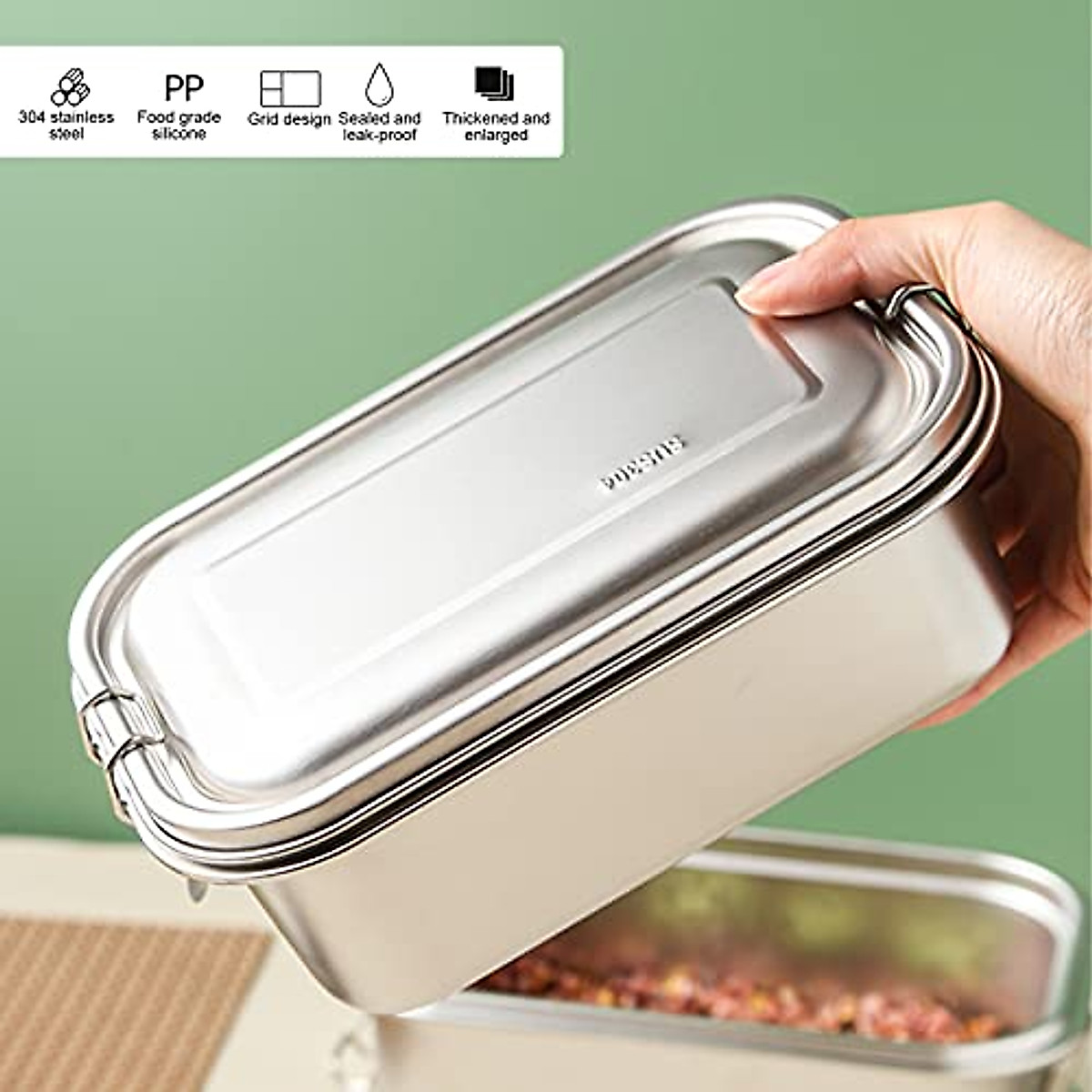 Food Container, Stainless Steel Food Container Bento Lunch Box Waterproof Leakproof Bento Box for Office Camping(Without Compartment)