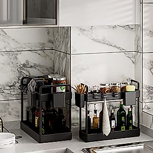 2 Pack Under Sink Organizer, 2 Tier Kitchen Under Sink Cabinet Organizers and Storage with Cups and Hooks, Black Bathroom Under Sink Shelf Organizer Basket, Multi-purpose Under Sink Storage