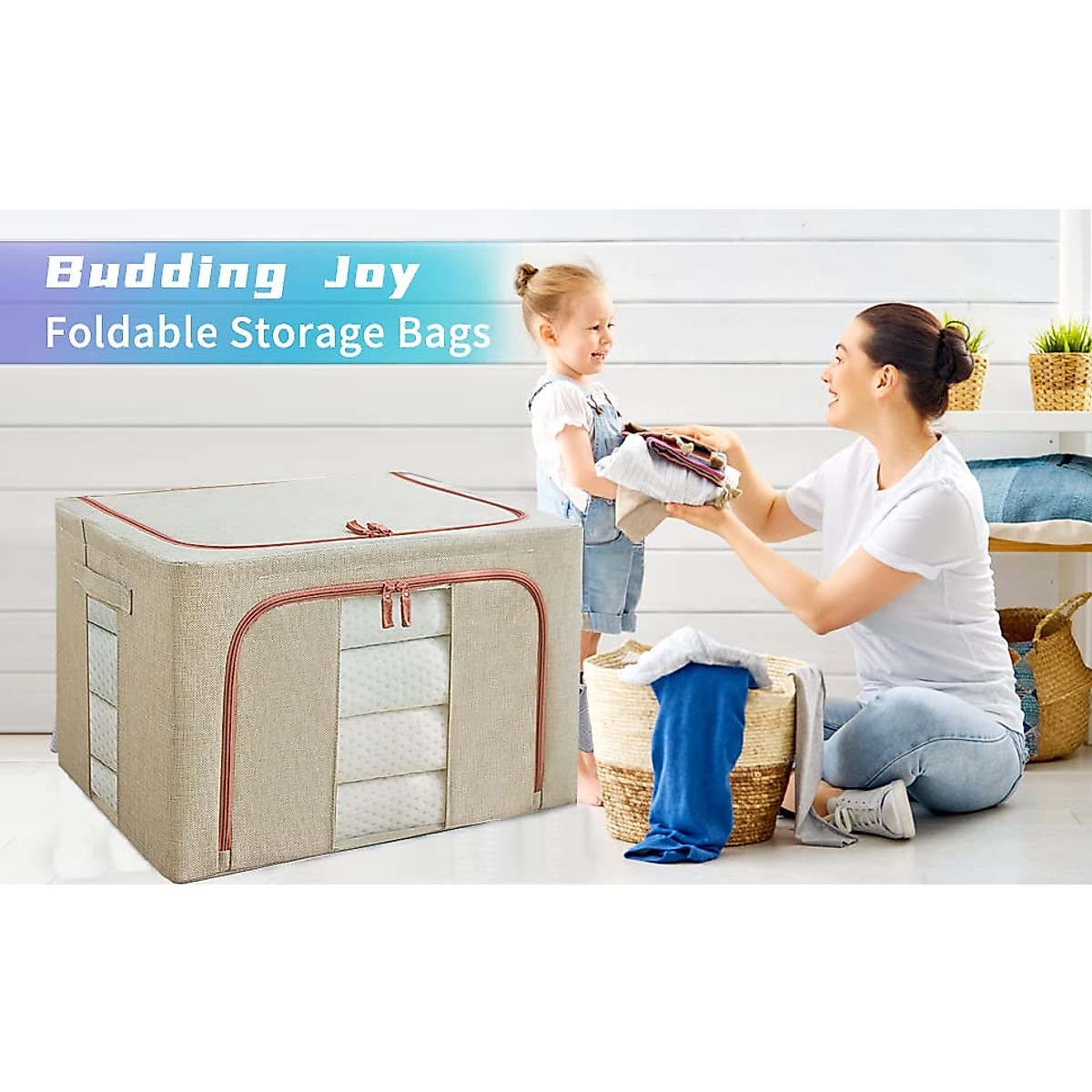 2 pack 66L foldable stackable storage box, steel frame clothes bag, bedroom container with 2 clear windows, 3 steel frames, 2 zippers, 2 reinforced handles ,thick linen fabric, waterproof,(2X66L, beige) for closet, comforters, blankets, bedding, quilt.