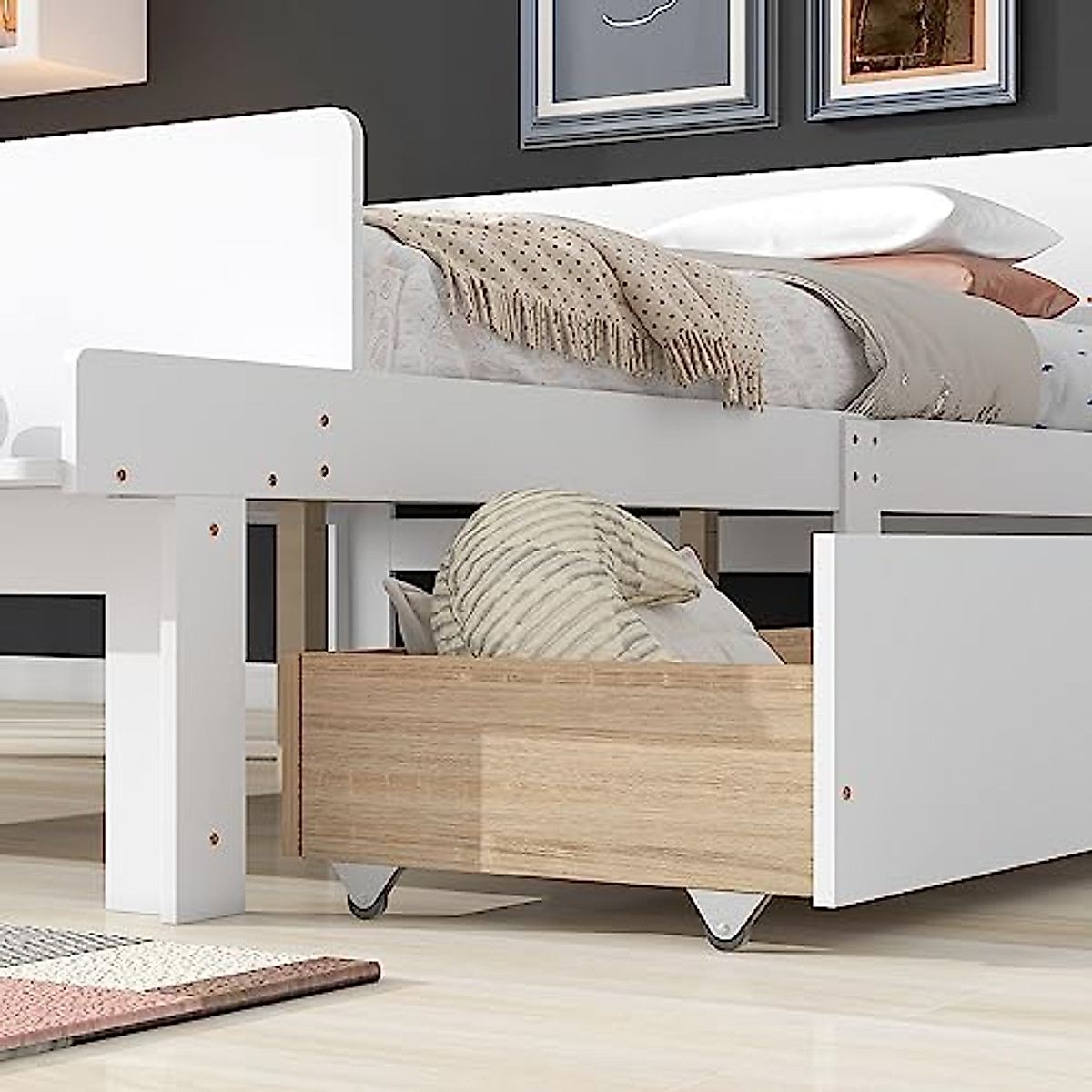 LostCat Full Bed with Storage, Full Bed Frames with 2 Drawers, Full Storage Bed Frame with Footboard Bench & Headboard, Full Bed for Kids, Kids Bed with Storage Drawers, No Box Spring Needed, White