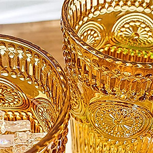 Kate Aspen Vintage Textured Amber Striped Drinking Glasses Set of 6-13 oz Ribbed Glassware with Flower Design | Cocktail Set, Juice Glass, Iced Coffee Cup