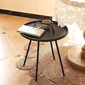 Vipush Outdoor Side Tables with Handle Round Metal End Table for Living Room Bedroom Garden Porch Balcony Backyard Water Proof Weather Resistant, (H) 17.5" x(D) 17.7", Black