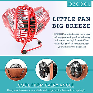 O2COOL 4" USB Personal Desk Fan – Portable Mini Table Cooling Fan - Plugs into Computer - Adjustable 360° Tilt, Quiet, Rubber Grip Feet - Red