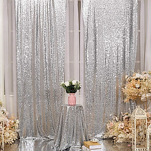 Poise3EHome 2Pcs 3Ft x 8Ft Silver Sequin Backdrop Curtain, Glitter Photography Background, Sequence Xmas Thanksgiving Backdrop for Wedding Party Holiday Festival Decor