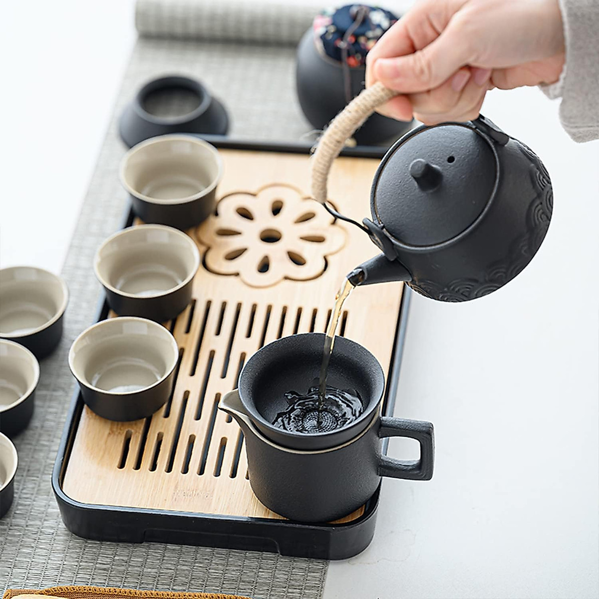 ICHAG Asian tea set |Kungfu tea sets |Ceramic Portable tea set |tea sets for adult |13-piece withgrey leather case |Tea set gift for Home, Outdoor, Business (Ceramic-Black teaset)
