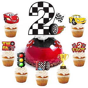 Aodocuto 36pcs Race Car Two Fast Birthday Cake Topper Decorations for Baby Boys, Racing Car Theme 2nd Birthday Cupcake Toppers Party Supplies, 2 Year Old Let’s Go Racing Cupcake Picks Decor