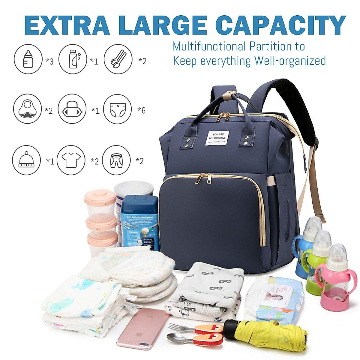 SALIFA Diaper Bag Backpack with Changing Station, Foldable Baby Diaper Bags Large Capacity Waterproof USB Charging Port, Mummy Bag for Baby Boy Girl, Blue