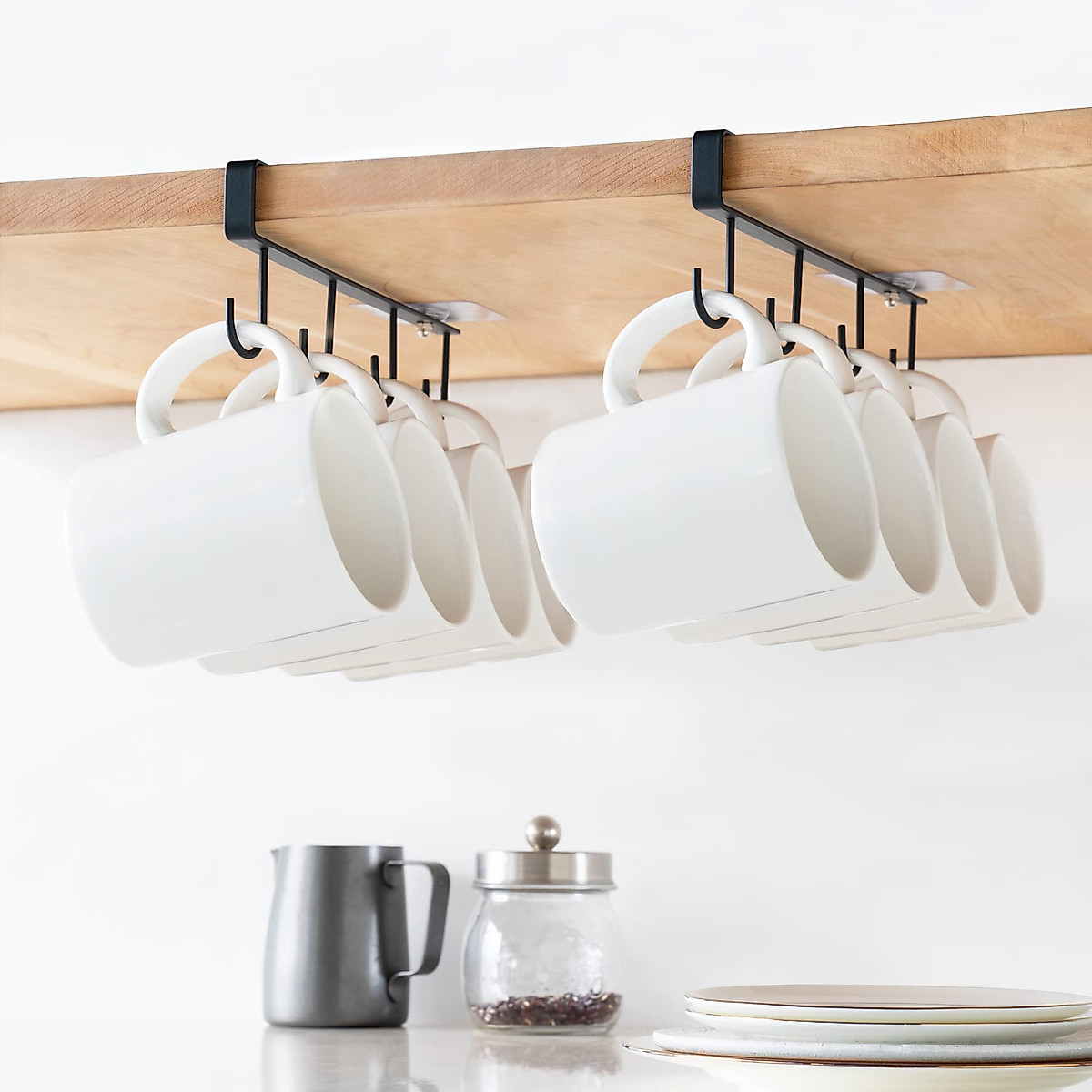 Dahey Under Cabinet Mug Holder Set of 3 Metal Coffee Mug Rack with 12 Mug Hooks, Adhesive Display Cup Holder Organizer for Cabinet Shelf Kitchen Dining Room Coffee Bar, Black