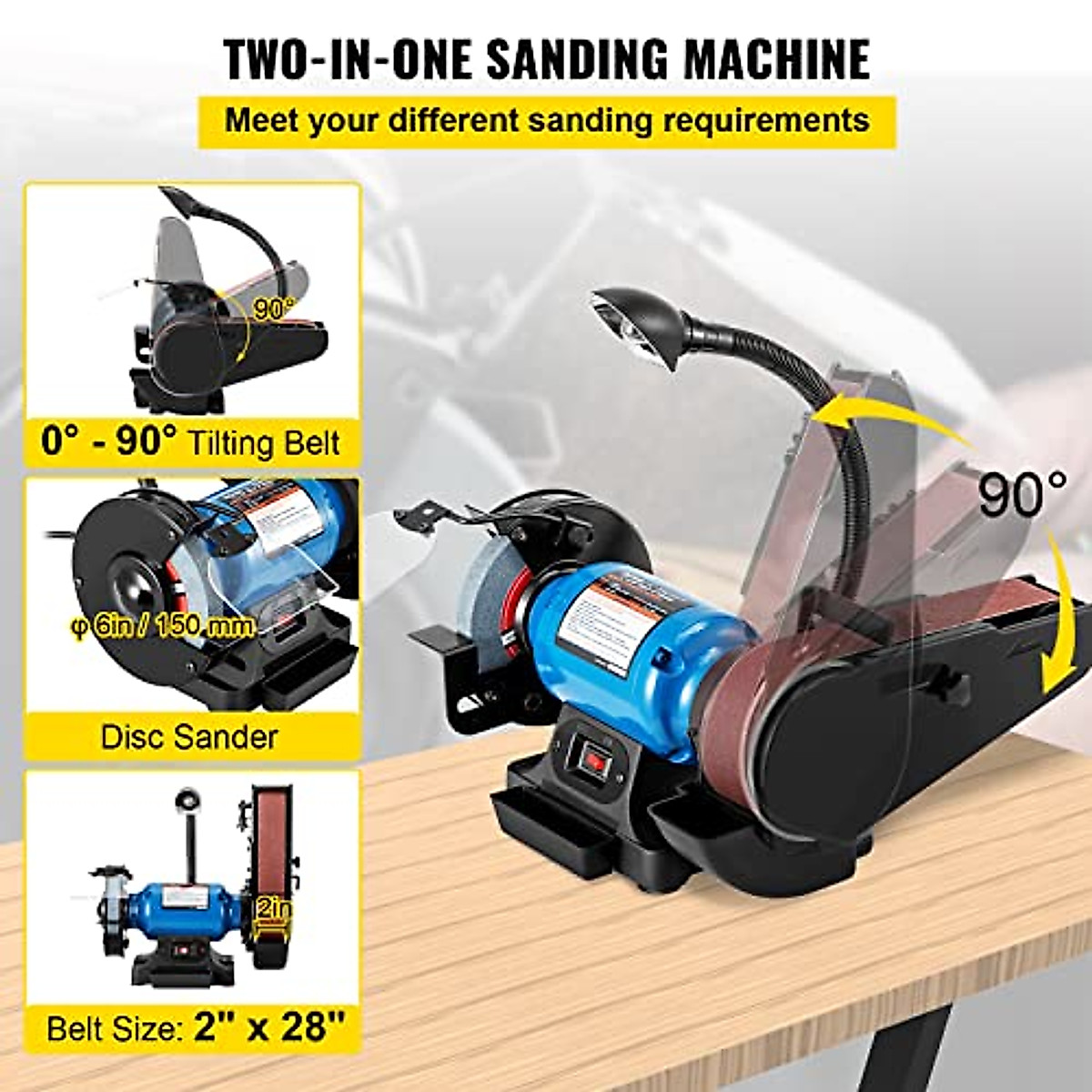 Happybuy 2 IN 1 2inch Belt Grinder for Knife Making 6inch 3450rpm per min Belt and Disc Bench Sander 90 Degree Belt Holder with Sturdy Base and LED Working Lamp