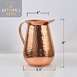 Artisan’s Anvil Copper Pitcher w/Copper Handle and Lid, Pure 100% Hammered Vessel, Heavy Duty Copper Jug, Handmade, 70 fl. Oz, Best for Water, Ayurveda, Moscow Mule, Cocktails