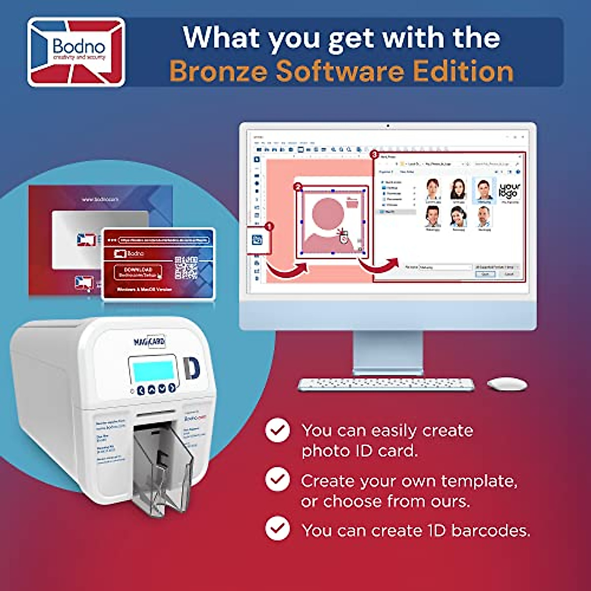 Bodno Magicard D Dual Sided ID Card Printer & Complete Supplies Package ID Software - Bronze Edition