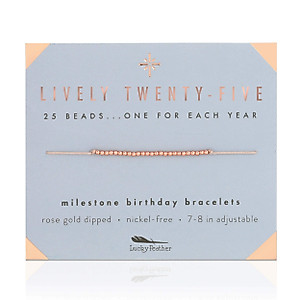 Lucky Feather Happy 25th Birthday Gifts For Women - 14K Rose Gold Dipped Beads Bracelet on Adjustable 7”- 8” Cord - Turning 25 Birthday Gifts For Her