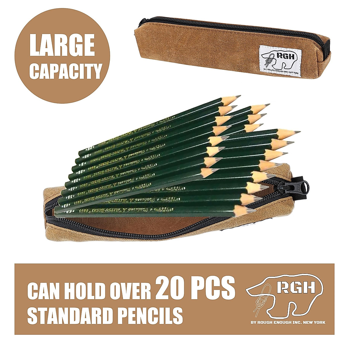 Rough Enough Small Pencil Pouch Pen Case Canvas for Adults Boys Girls with Aesthetic Slim Thin design School Stationary Art Supplies Brown