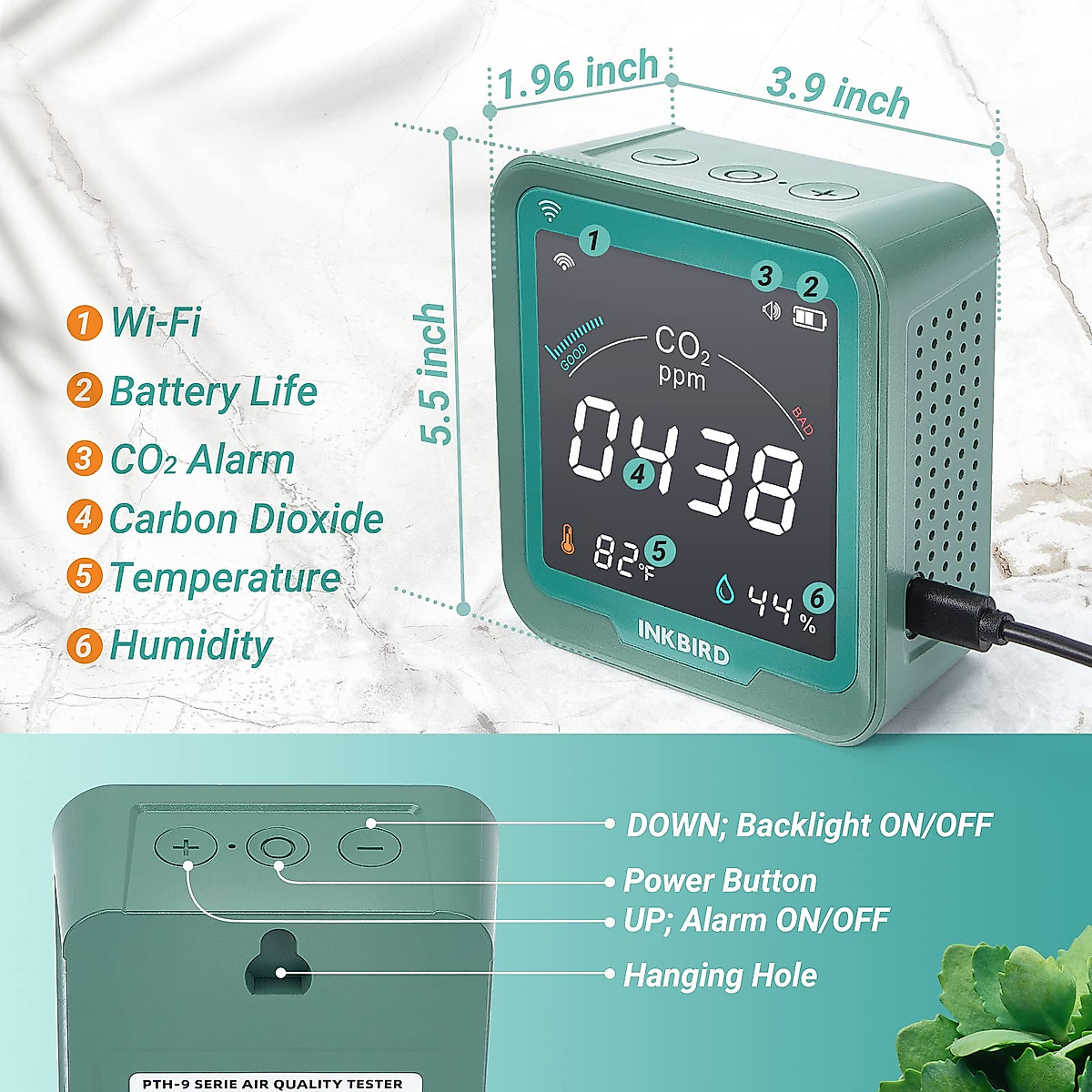 INKBIRD WiFi Indoor Air Quality Monitor, CO2 Detector, Accurate NDIR Sensor, Temperature and Relative Humidity, Indoor CO2 Meter with Data Logger, for Cars, Wine Cellars, Grow Tents, Homes (INK-CO2W).