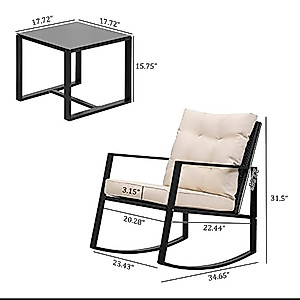 IJIALIFE 3 Piece Rocking Bistro Set, Patio Wicker Rocking Chair, Outdoor Rattan Rocker Chair with Glass Coffee Table, Wicker Rocker Chair for Garden, Porch, Backyard (Beige)