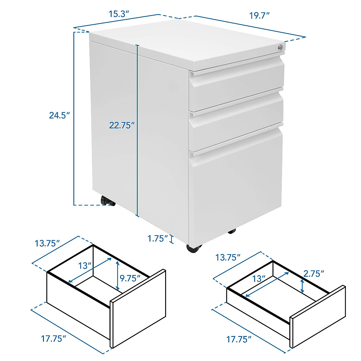 Mount-It! 3 Drawer File Cabinet with Lock and Wheels, Under Desk Storage Filing Cabinet for Home Office, Small Rolling File Cabinet for Legal, Letter, and A4 Files in White