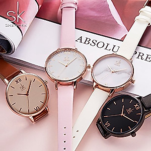 SHENGKE Simplicity Creative Women Watch Genuine Leather Elegant Women Watches Ladies Business Wristwatch (K0039-Black-Genuine Leather)