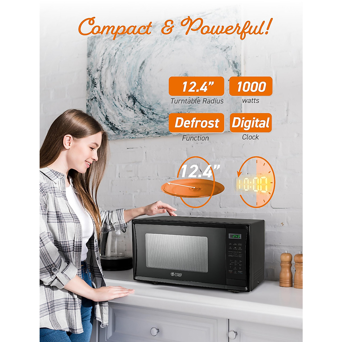 COMMERCIAL CHEF 1.1 Cu Ft Microwave with 10 Power Levels, Microwave 1000W with Push Button Door Lock, Countertop Microwave with Microwave Turntable and Digital Controls, Black