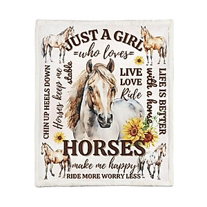 InnoBeta Horse Gifts for Girls, Horse Blankets for Birthday/Christmas, 50'' x 60'' Unique Horse Design Fluzzy Blanket, Just a Girl Who Loves Horses, Sunflowers