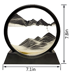 HYUGF Moving Sand Art Picture Decor, 3D Deep Sea Sandscape Liquid Motion, Round Glass Frame Display Flowing Sand Relaxing Gift for Kids Adults Home Office Work Desktop Decoration Toy (Black, 7")