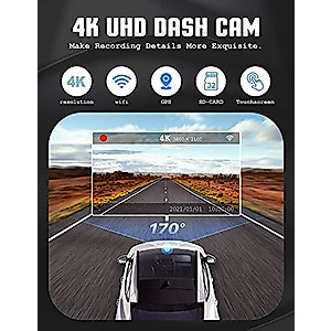 iiwey S3- Upgraded 4K Dash Cam Built with WiFi GPS UHD 2160P Dashboard Camera Recorder, 3" IPS Touchscreen, 170° Wide Angle, WDR, Night Vision, SD Card Included