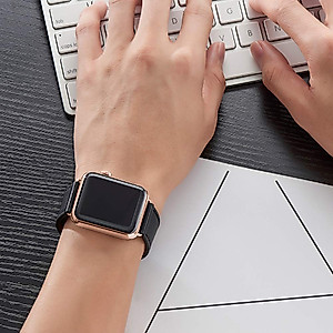 POWER PRIMACY Bands Compatible with Apple Watch Band 38mm 40mm 41mm 42mm 44mm 45mm 49mm, Genuine Leather Strap Compatible for Women Men iWatch SE Ultra Series 9 8 7 6 5 4 3 2 1 (Black/Rosegold)