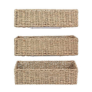 Wall Mounted Wicker Baskets, Seagrass Woven Over-The-Toilet Storage Hanging Bathroom Baskets, Towel Toilet Paper Basket with Wall Bracket (Natural Seagrass, Pack of 3)