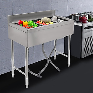 TBVECHI Free Standing Stainless Steel Kitchen Sink, Three Bowls Commercial Restaurant Utility Sink Set w/Hot and Cold Water Faucet, Prep & Utility Washing Hand Basin Sink w/Workbench Indoor Outdoor