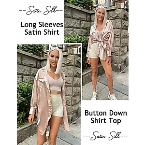 Ekouaer Womens Silk Satin Sleepshirt Long Sleeve Nightgown Button Down Nightshirt Sexy Pajama Dress Champagne XXL