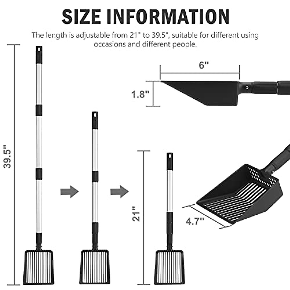 PUPTECK Metal Cat Litter Scoop - Long Handle Adjustable Kitty Litter Scooper with Deep Shovel, Stainless Steel & Non-Stick Cat Litter Sifter