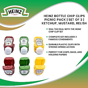 Heinz Bottle Chip Clips Picnic Pack, Set of 3 | Includes Ketchup, Mustard, Relish | Useful As Home Kitchen Decorations, Plastic Bag Clamps for Food Storage with Air Tight Seal Grip | Cute Foodie Gifts