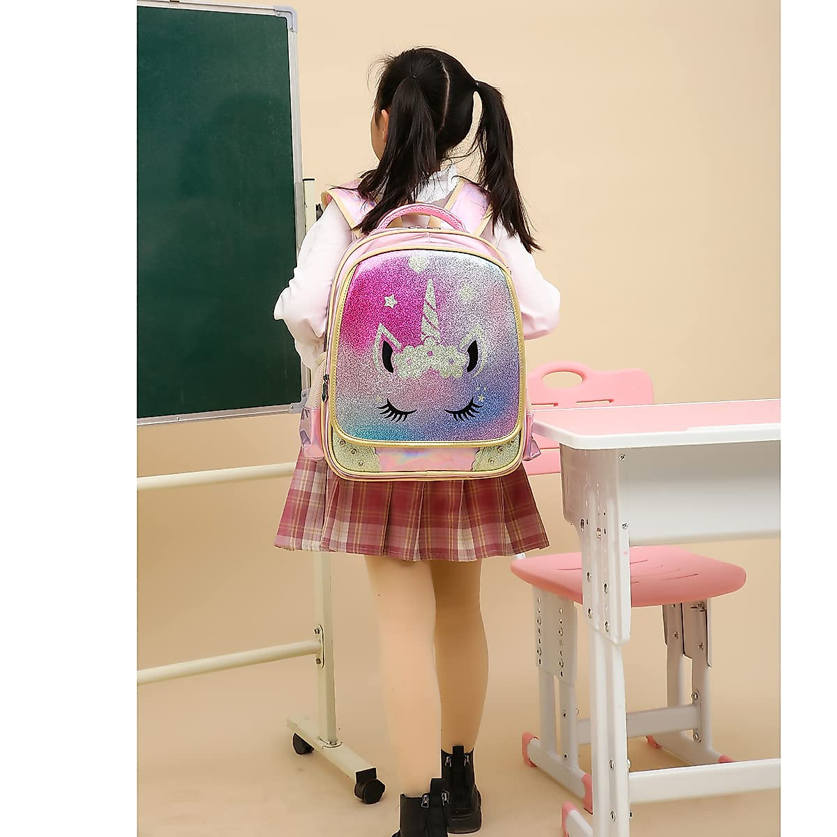 Mloovnemo Girls Elementary Primary School Bag Unicorn Backpack Diamond Glitter Princess School Backpack Large Capacity(Large, Unicorn Pink)