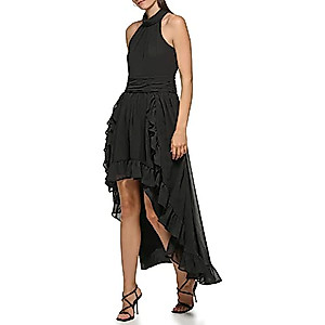 Karl Lagerfeld Paris Women's Chiffon High-Low Maxi Dress with Ruffle Skirt and Mock Neck, Black, 12