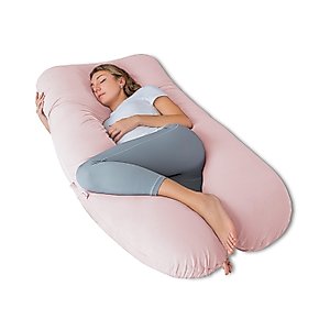 AngQi Pregnancy Pillows, U Shaped Pregnancy Body Pillow for Sleeping, 55 inch Maternity Pillow for Pregnant Women with Cooling Jersey Cover, Pink