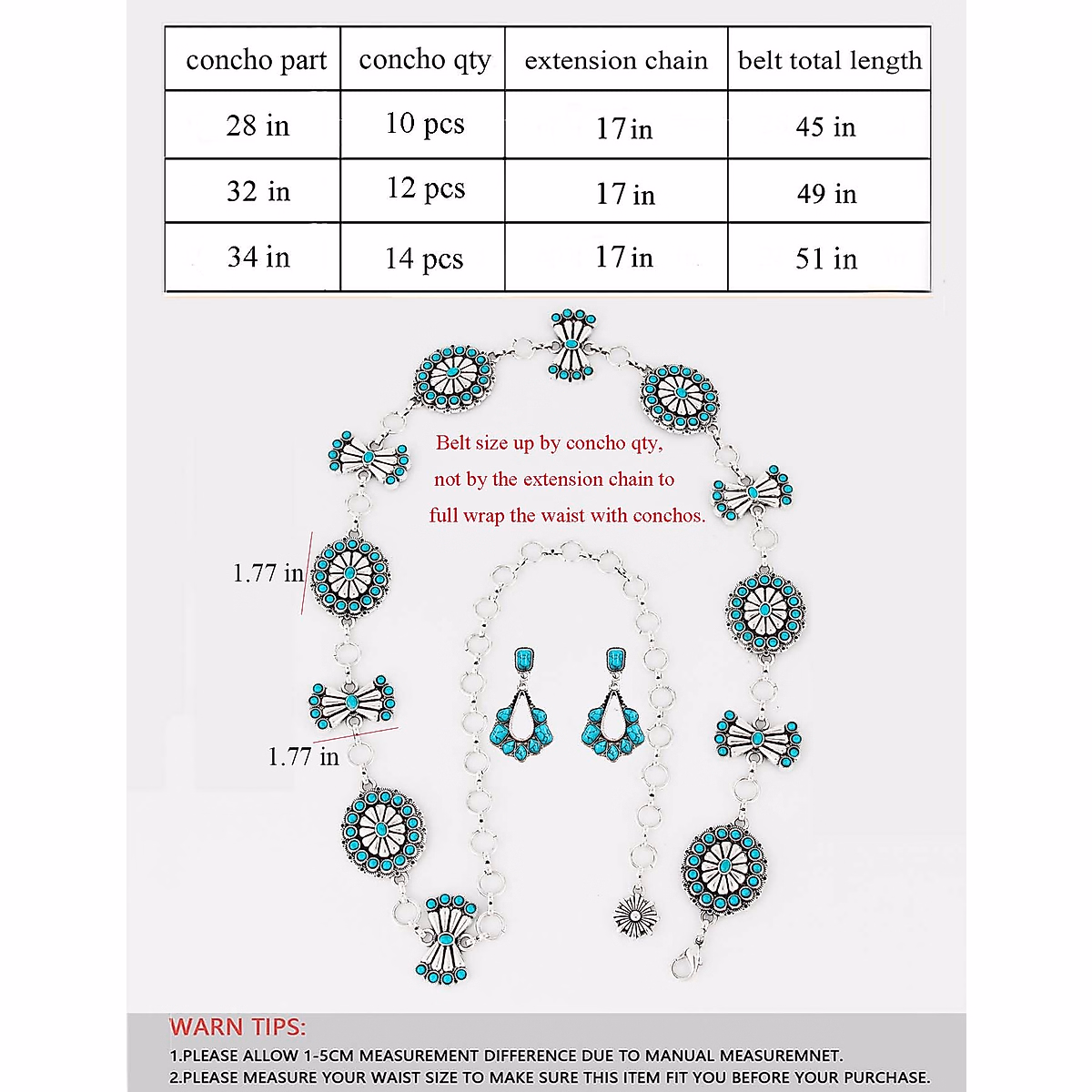 TOPACC Turquoise Concho Chain Belts for Women Western Cute Boho Teal Metal Cowgirl Country Concert Belt for Dresses Jeans