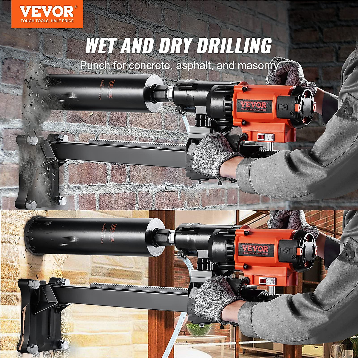 VEVOR Diamond Core Drilling Machine, 8in Wet&Dry Concrete Core Drill Rig with Stand, 750RPM Speed & 1-1/4" 5/8" Thread & Lifting Handle, 8in Drilling Diameter for Concrete Brick Block Stone, 2500W