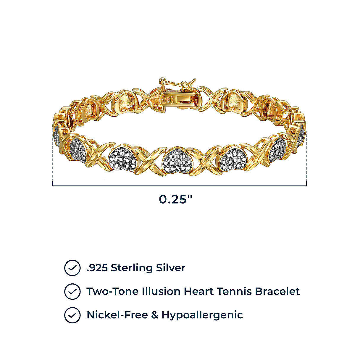 MORGAN & PAIGE Cubic Zirconia Tennis Bracelet For Women - 18K Two Tone Yellow Gold XO Heart Bracelet With 925 Sterling Silver & Diamond Accent - 7-1/4"
