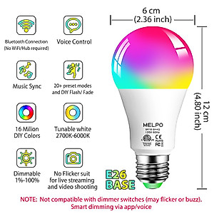 MELPO Smart Light Bulbs, 1300LM Color Changing Light Bulb, 16 Million Colors, Tunable White Alexa Light Bulbs, Music Sync, DIY Flash, Timing, A19 E26 Smart Bulbs, 130W Equivalent, No WiFi Required.