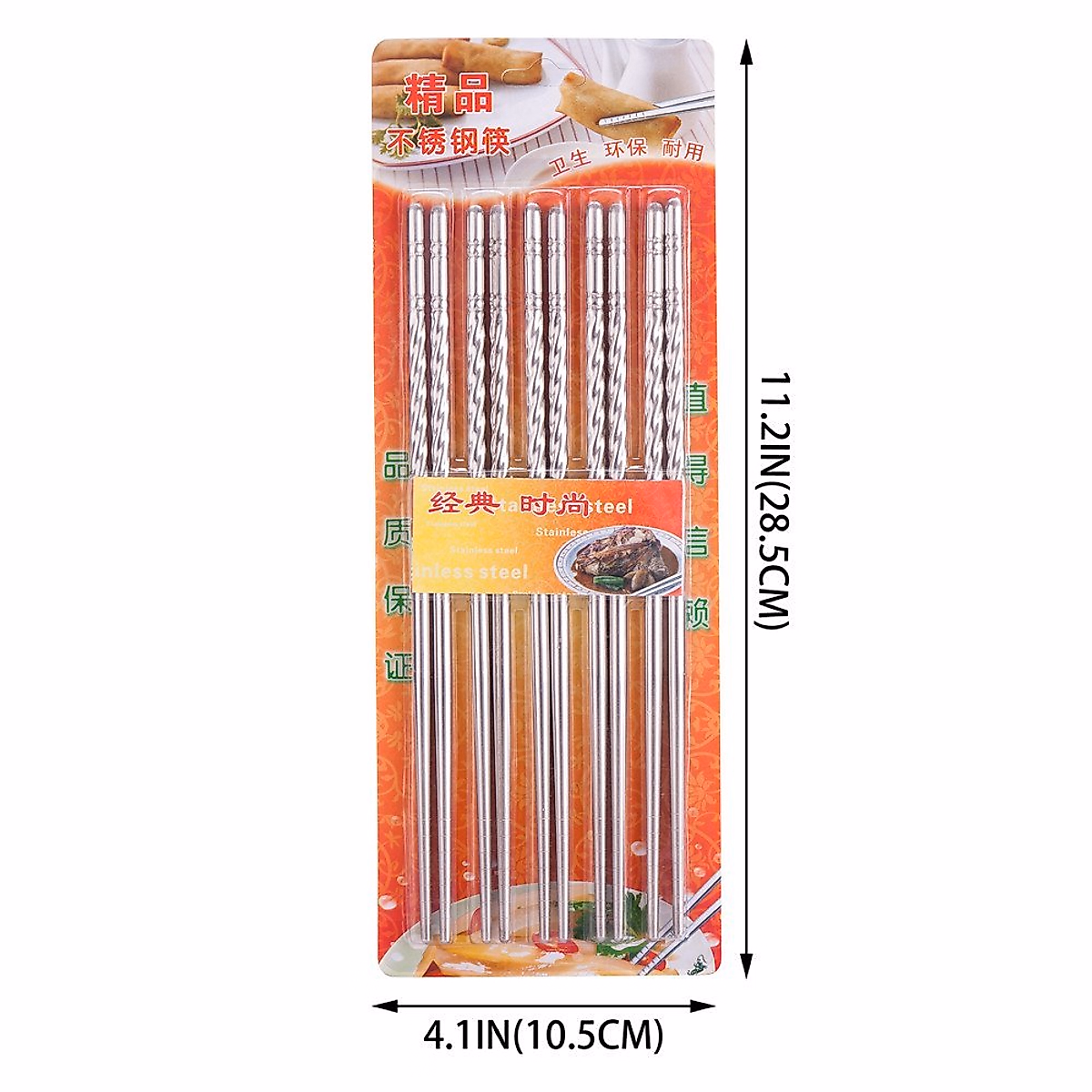 10 Pcs (5 Pairs) High Quality Spiral Design Silver Stainless Steel Chopsticks