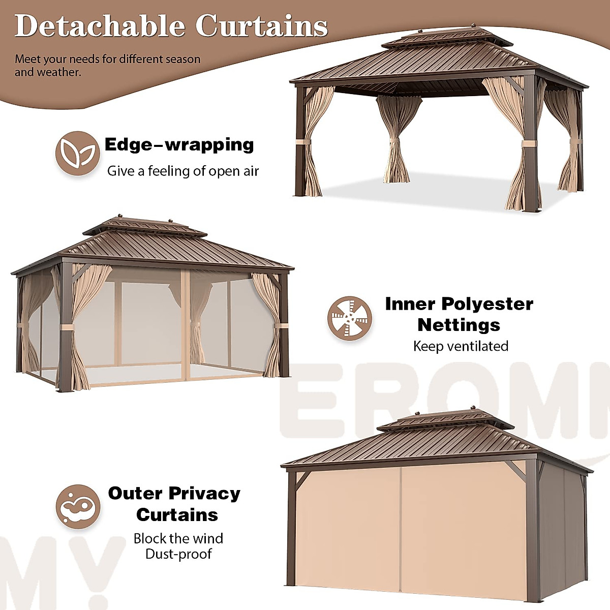 EROMMY 10'x13' Hardtop Gazebo, Galvanized Steel Outdoor Aluminum Canopy with Netting and Shaded Curtains, Double Roof Pergolas, Permanent Metal Pavilion for Patio, Backyard, Deck and Lawns, Brown